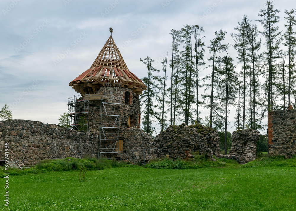old medieval stone castle ruins, castle tower with new roof structure ...