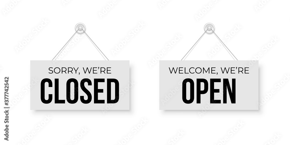 Closed and open white signboards hanged on suction cup. Rectangular ...
