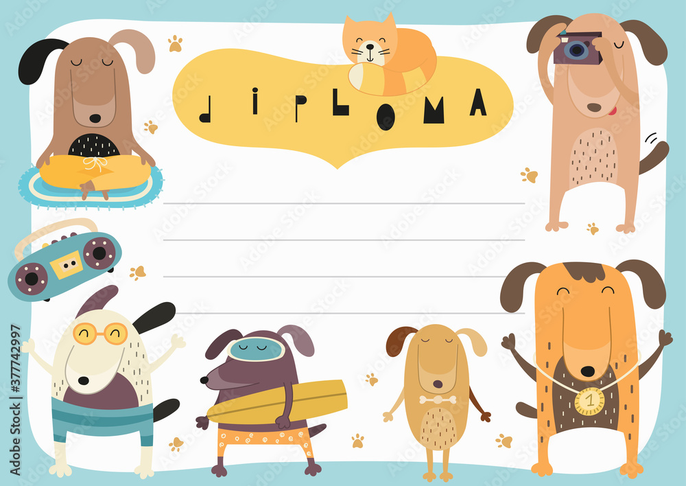 Diploma template for kids, certificate background with funny dogs and ...