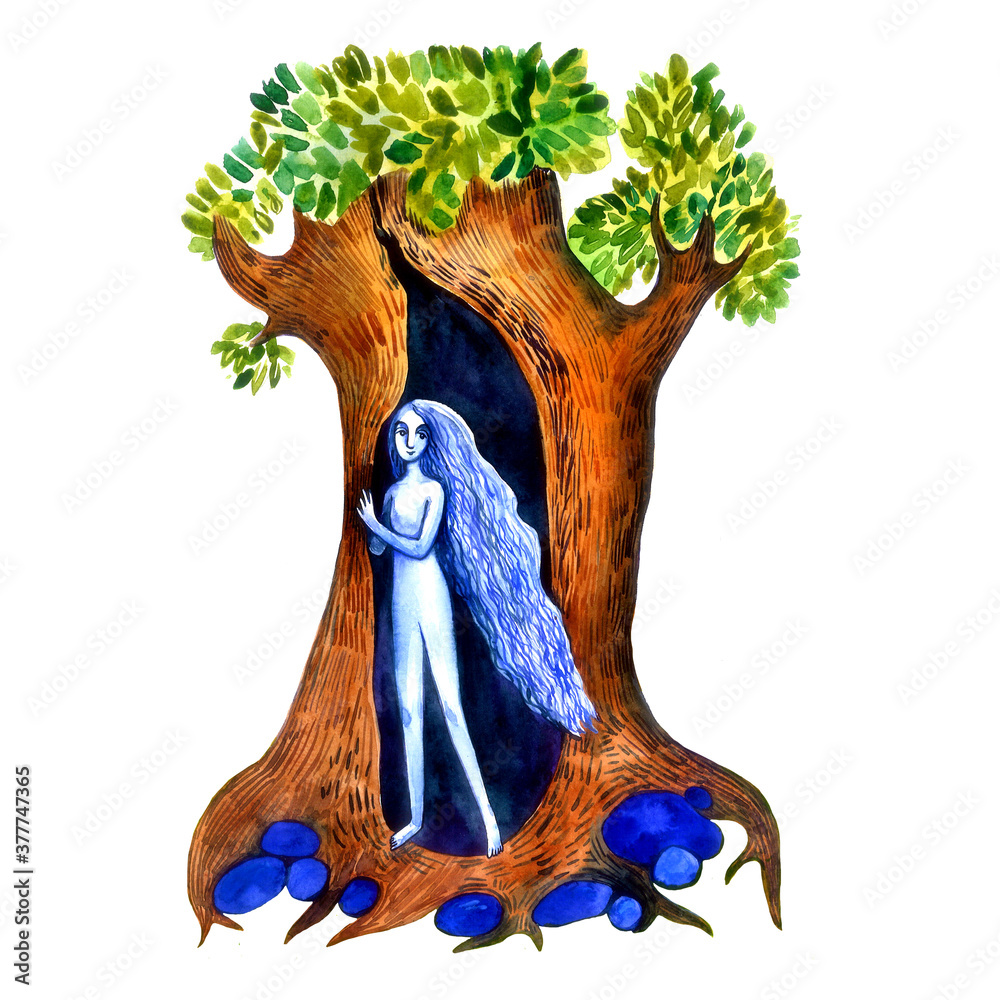 Spirit of nature - a blue girl standing incide the tree. Big tree with ...