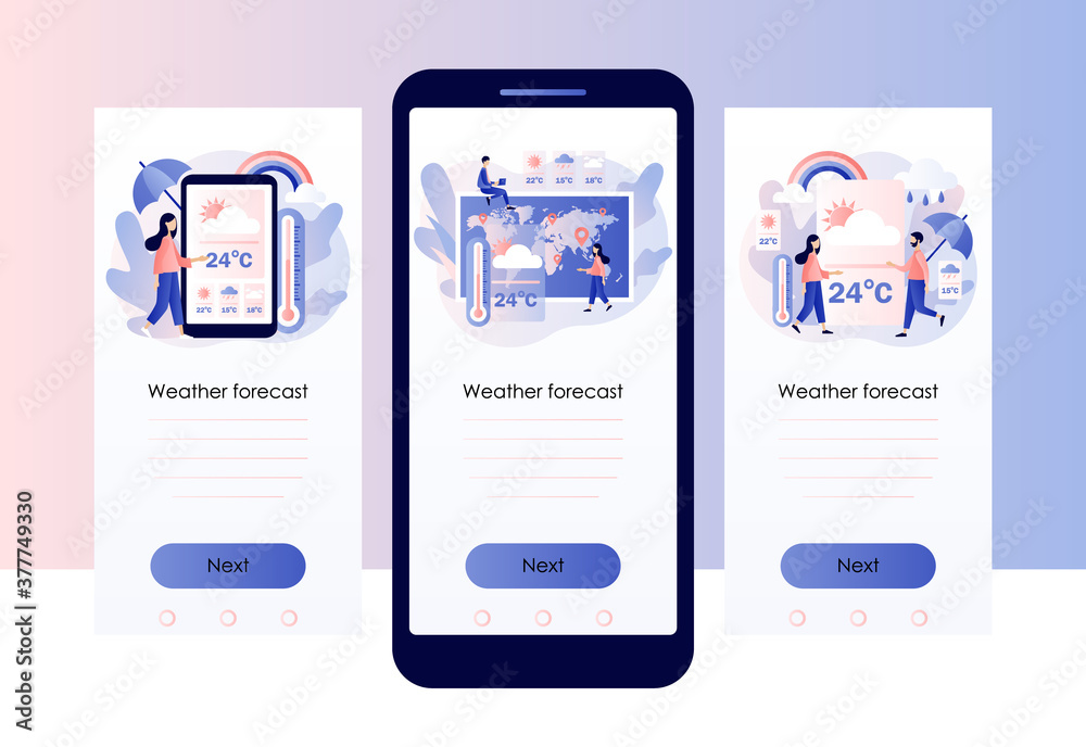 Weather forecast app. Meteorology thermometers. Sun, clouds, wind ...