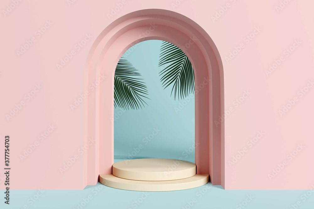 Product display podium with pastel door background. 3D render Stock ...