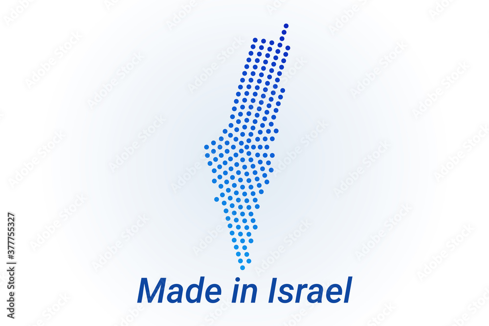Map icon of Israel. Vector logo illustration with text Made in Israel. Blue halftone dots ...