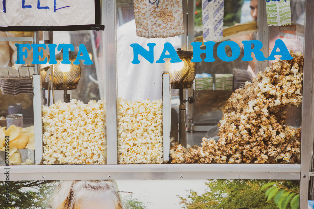 Popcorn cart on the streets of Rio de Janeiro, Brazil. Street food ...