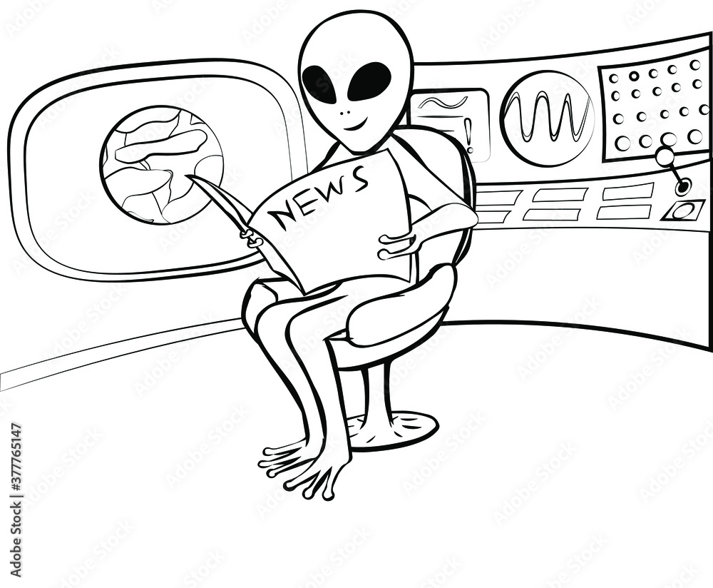 Vector illustration of reading newspaper smiling alien, that sitting in ...