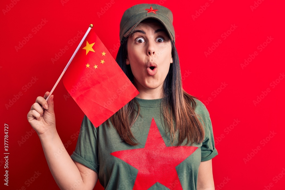 Beautiful patriotic woman wearing t-shirt with red star communist ...