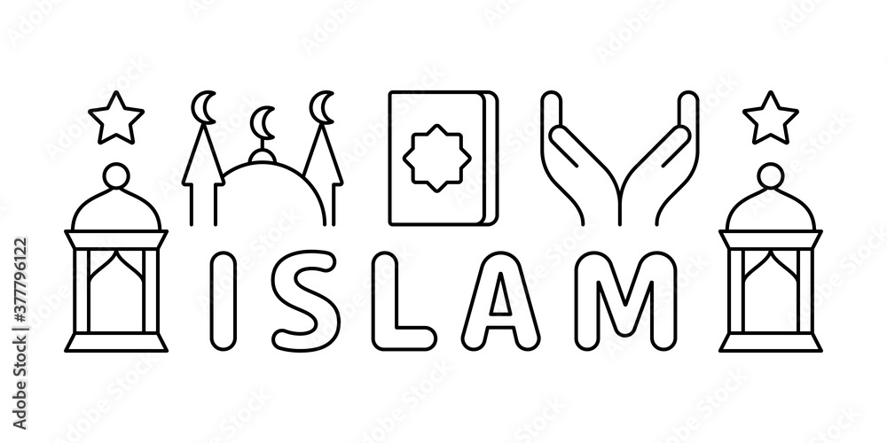 Linear horizontal banner of Islam. Black graphic poster with muslim ...