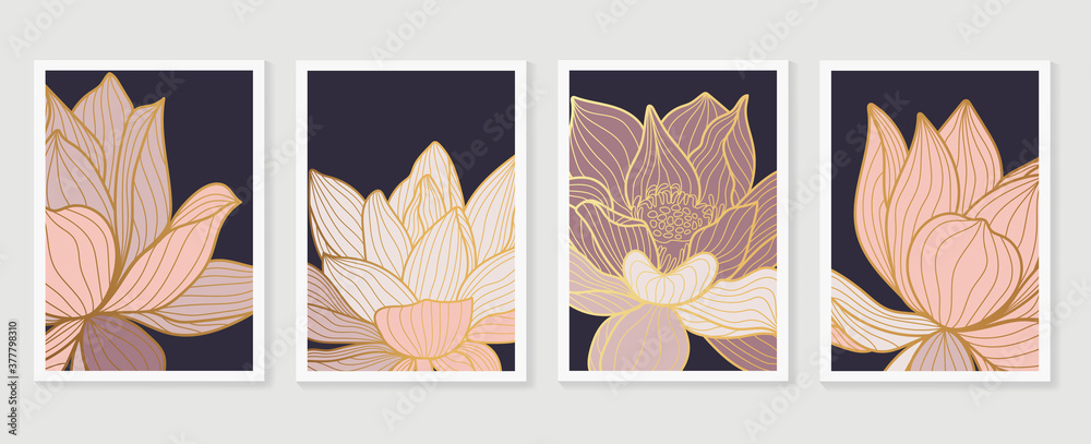 Luxury Lotus line arts cover design template. Hand draw gold lotus ...