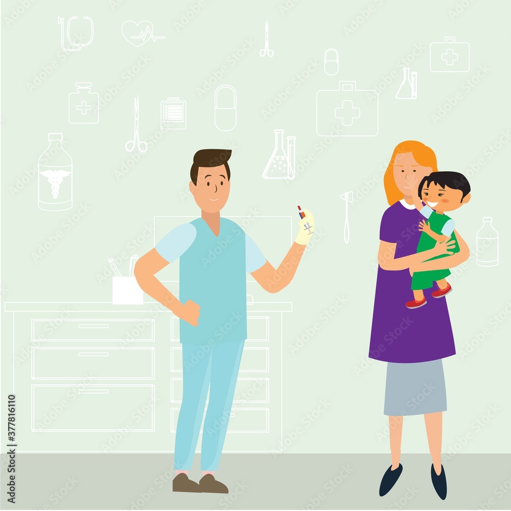 Doctor Character Put Hypodermic Injection to Baby Sitting on Mother ...