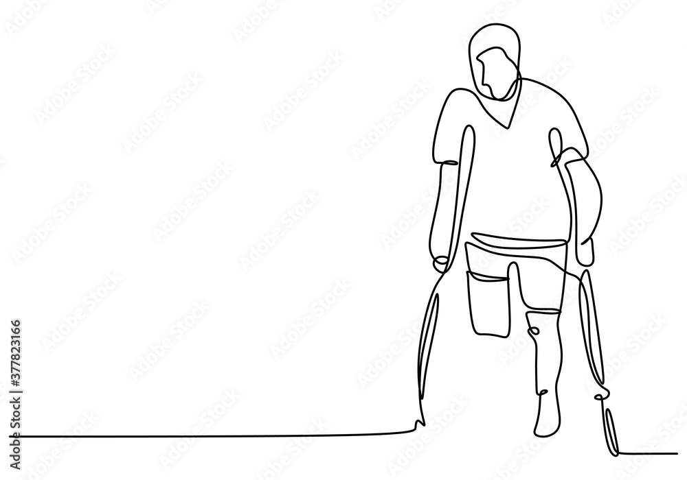 Young man with one leg one continuous line with minimalist design ...