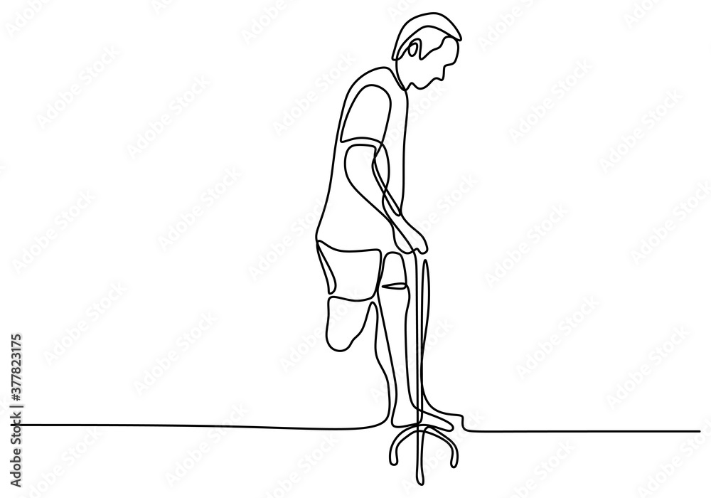 Young man with one leg one continuous line with minimalist design ...