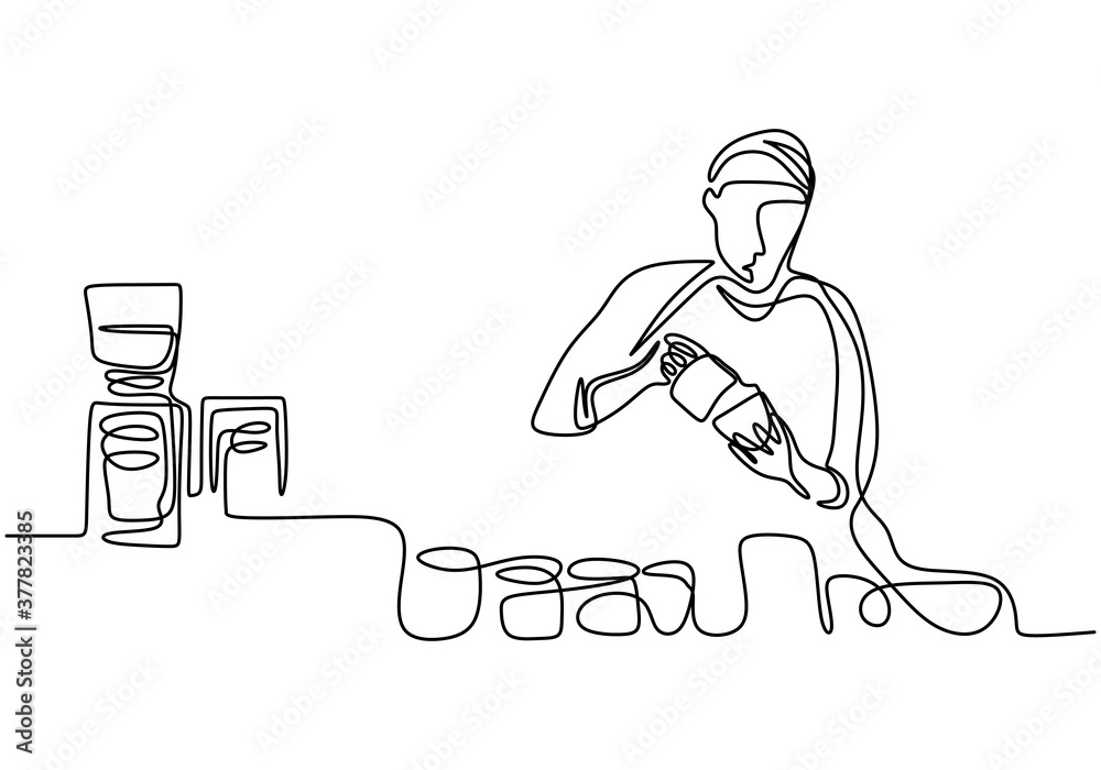 Continuous one single line drawing of barista. A young handsome man as ...