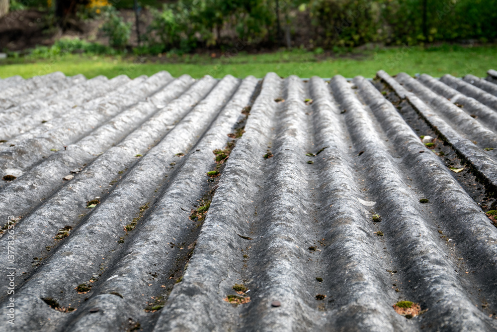 Asbestos slate. Roofs of houses and farm buildings. Environmentally ...
