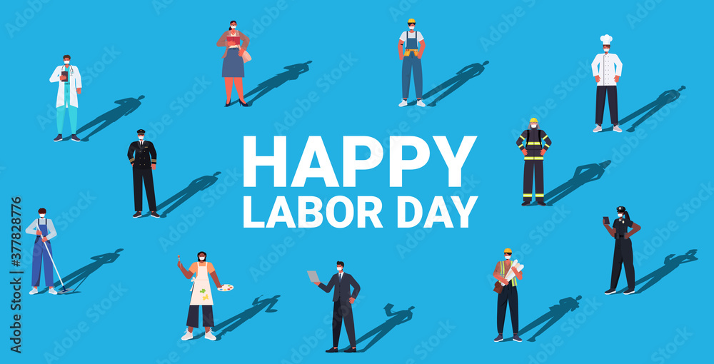people of different occupations celebrating labor day mix race workers ...