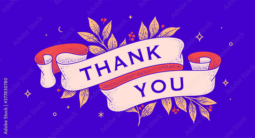 Thank You. Retro greeting card with ribbon and text Thank You. Old ...