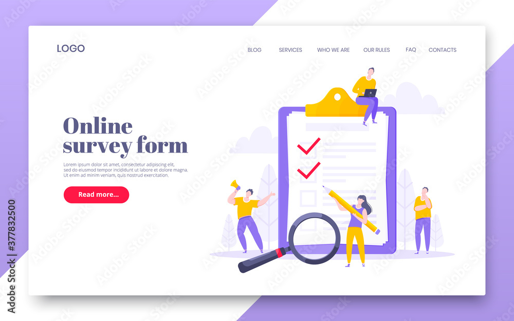 Online survey form business concept with tiny people with megaphone ...
