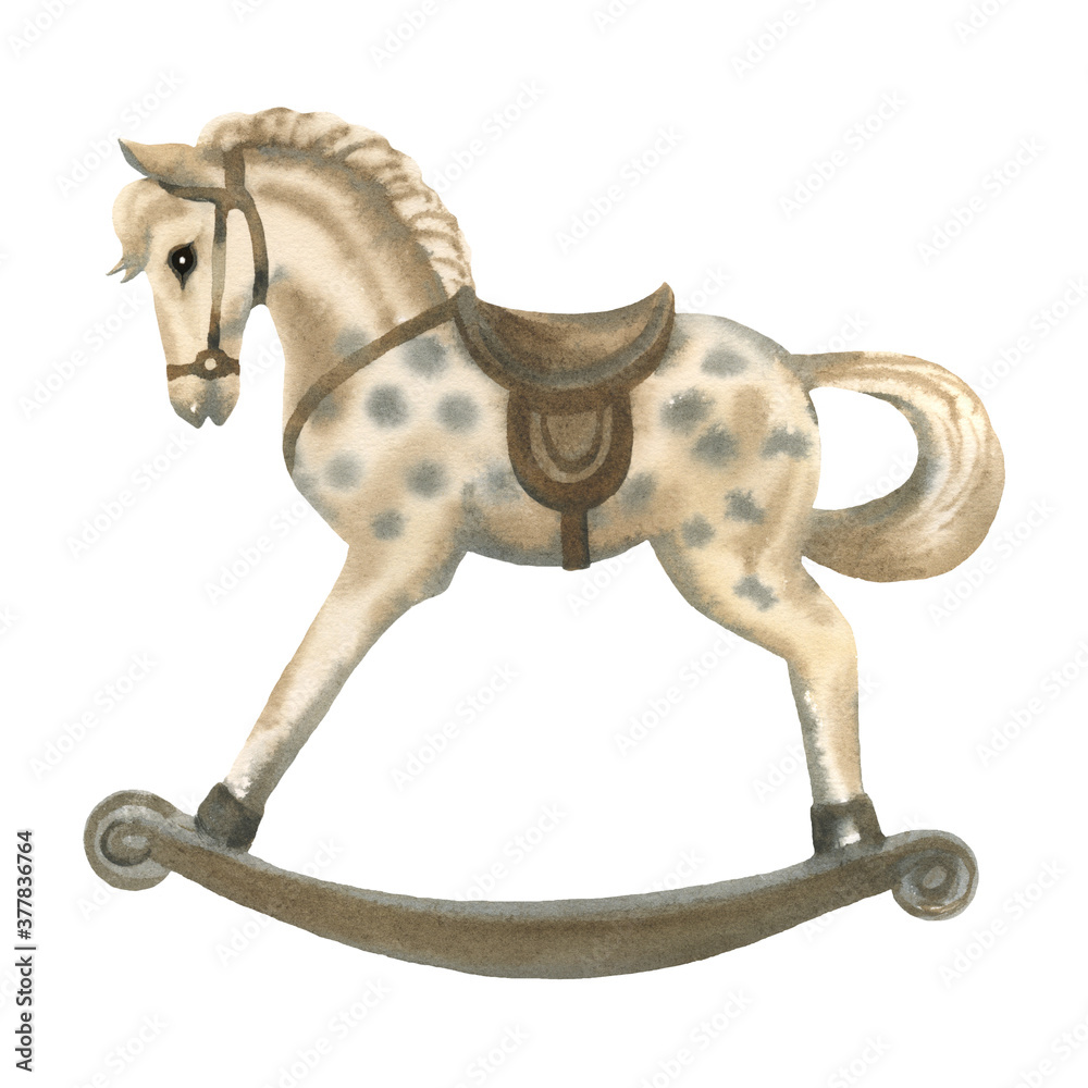 Hand paint watercolor vintage illustration of rocking horse on white ...