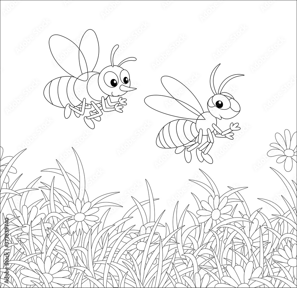 Striped bee and wasp buzzing and flying over a field with flowering ...