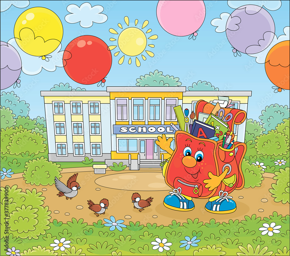 Happy schoolbag cartoon character with colorful balloons in front of a ...