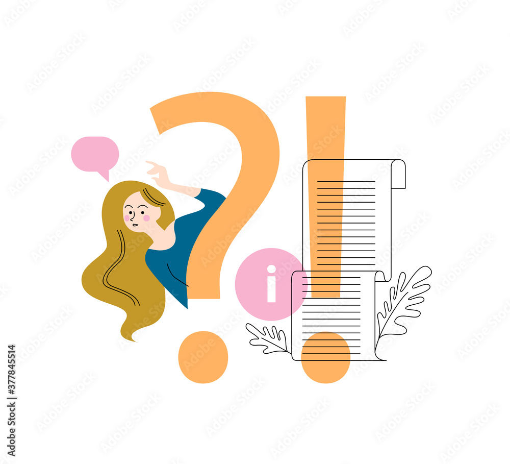 Frequently asked questions concept with question sign, confused girl ...