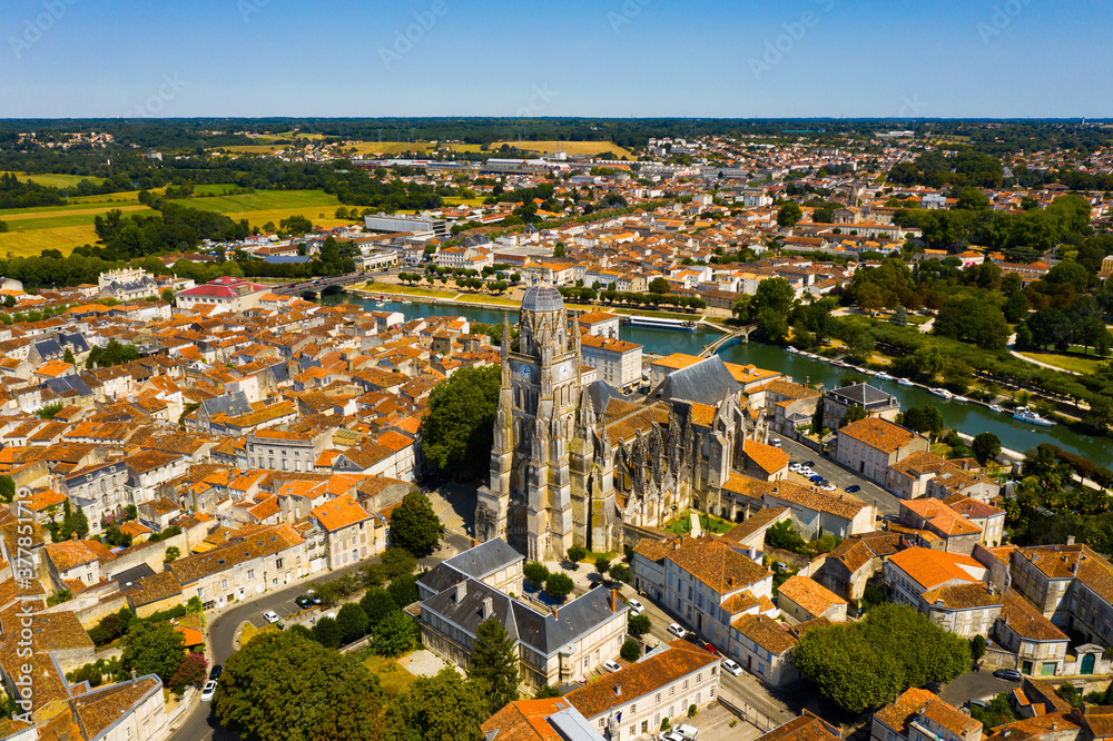 Scenic view from drone of historic district of Saintes town overlooking ...