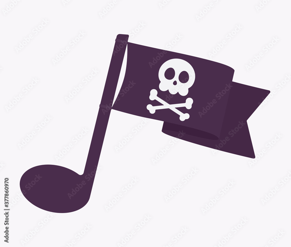 Music piracy icon, musical sound note symbol with pirate flag ...