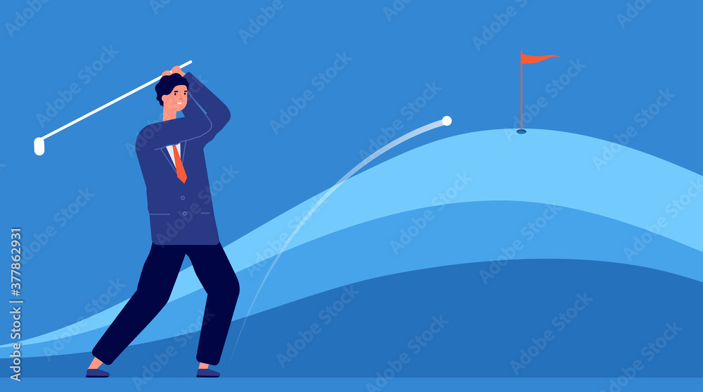 Successful business hitting. Target accuracy, businessman hits golf ...