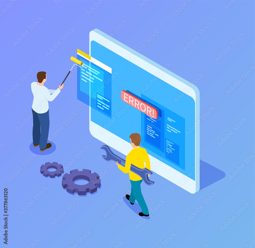 Isometric Web Developers Programmers Working With Interface Mobile App Upgrade 3d Tablet And