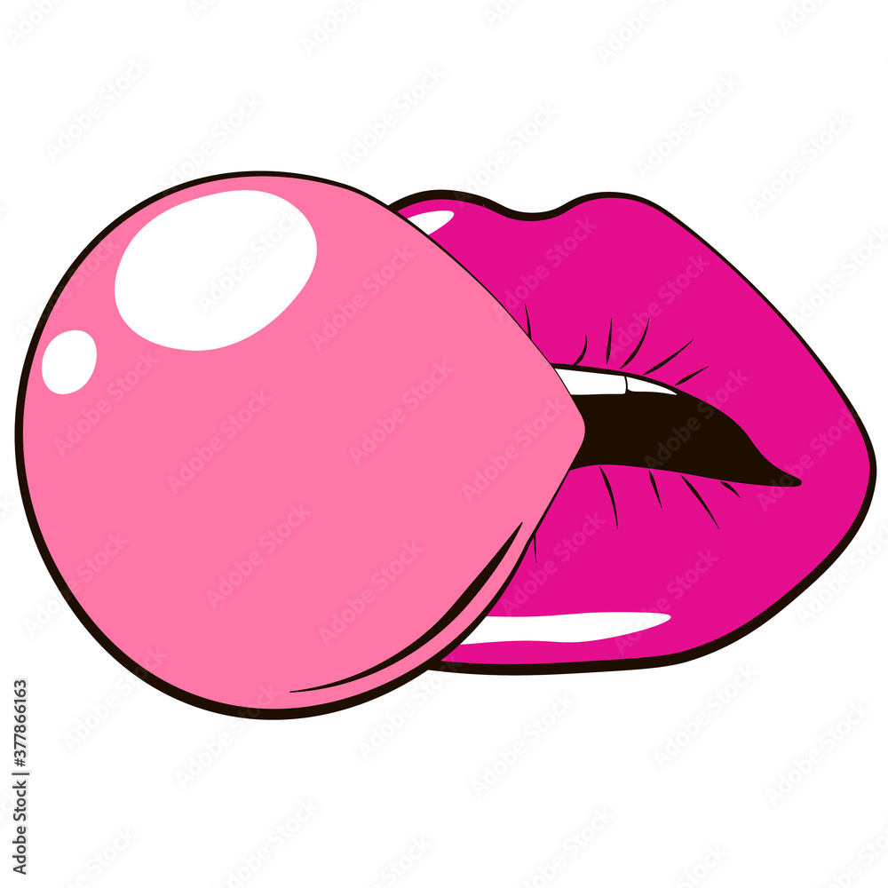 Vector illustration. Woman pink lips with gum bubble isolated on white ...