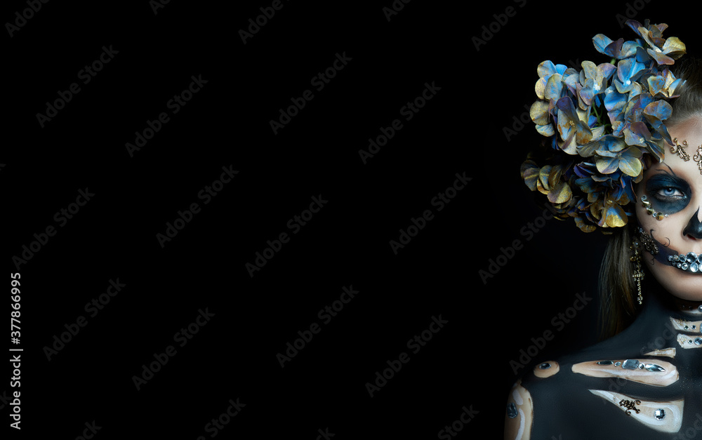 Halloween beauty portrait of a skeleton woman of death, the makeup on ...