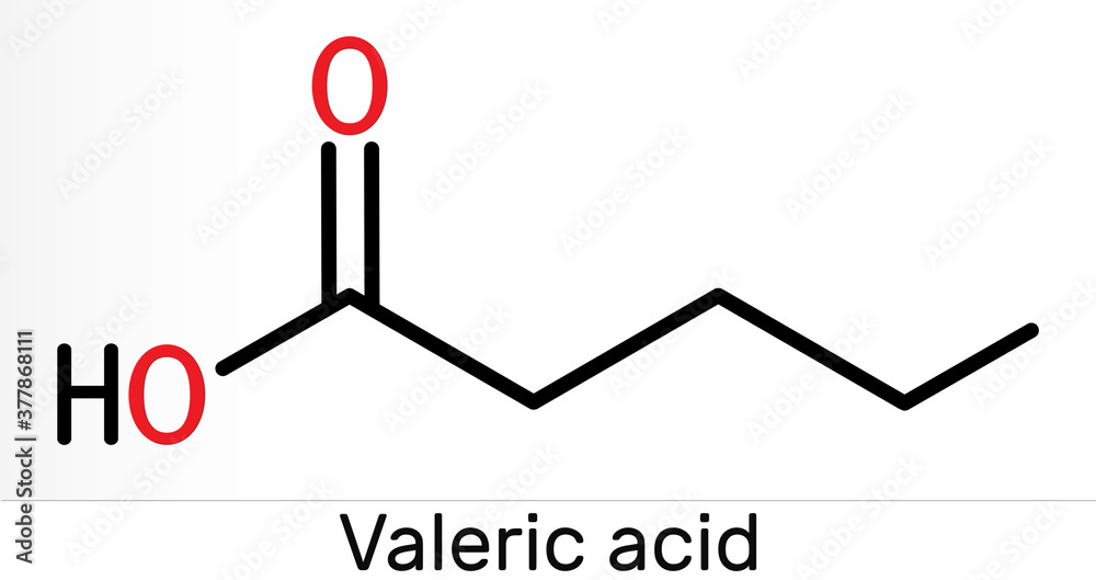 Valeric acid, pentanoic acid or valerate molecule. Skeletal chemical ...