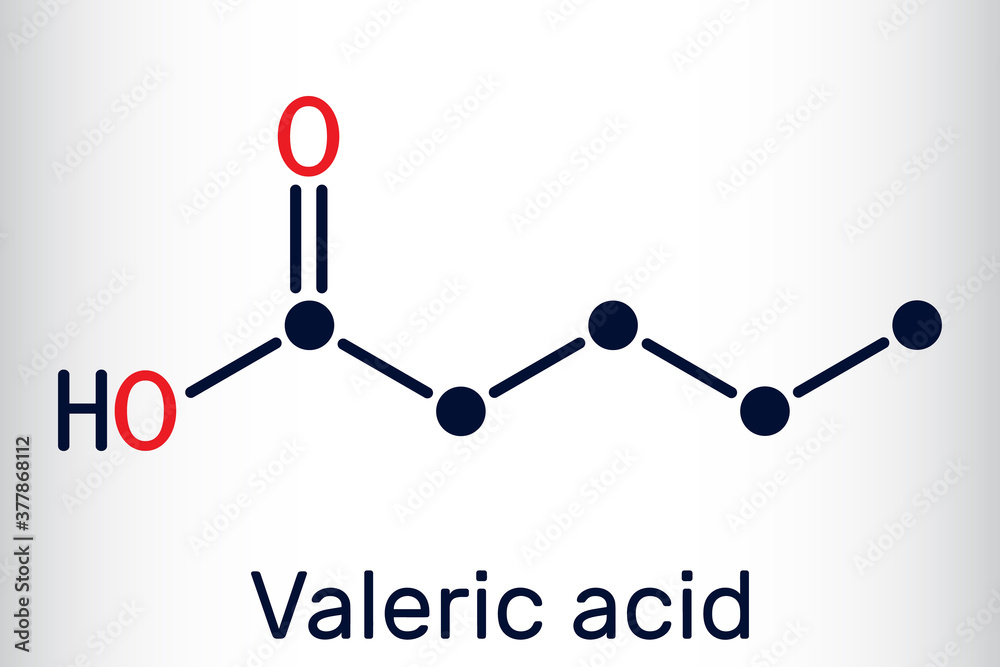 Valeric acid, pentanoic acid or valerate molecule. Skeletal chemical ...