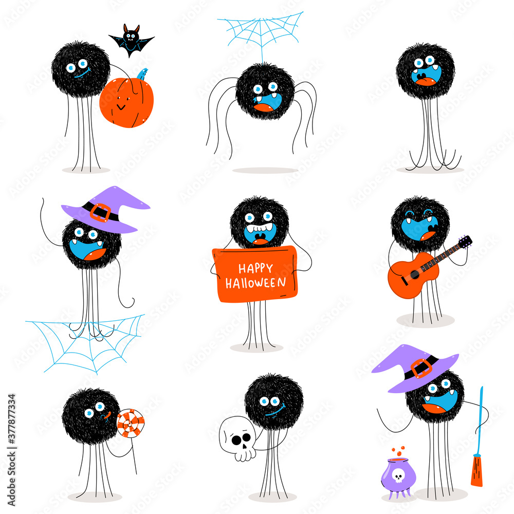 Cute Halloween spider vector cartoon characters set isolated on a white ...