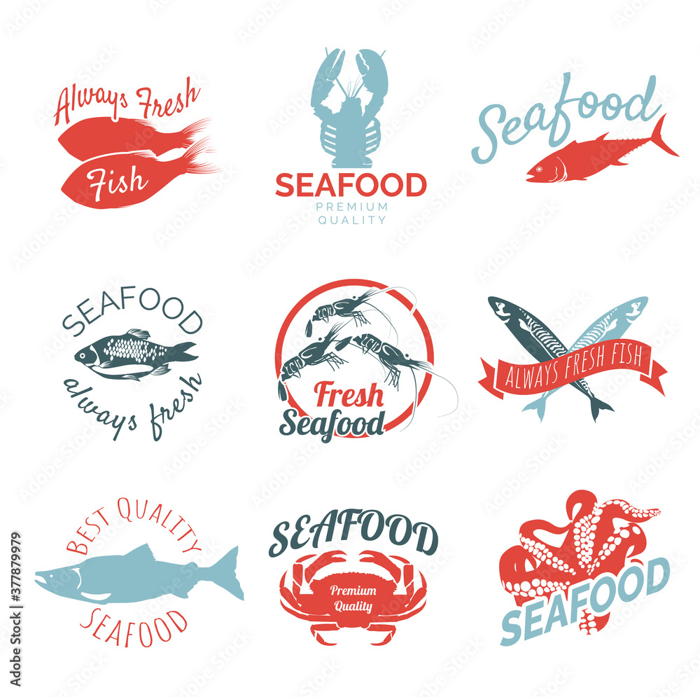 Best quality seafood logo design set. Fish shop, market, restaurant ...
