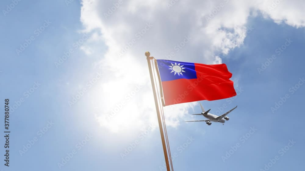 Flag of Taiwan Waving with Airplane arriving or departing, Realistic ...