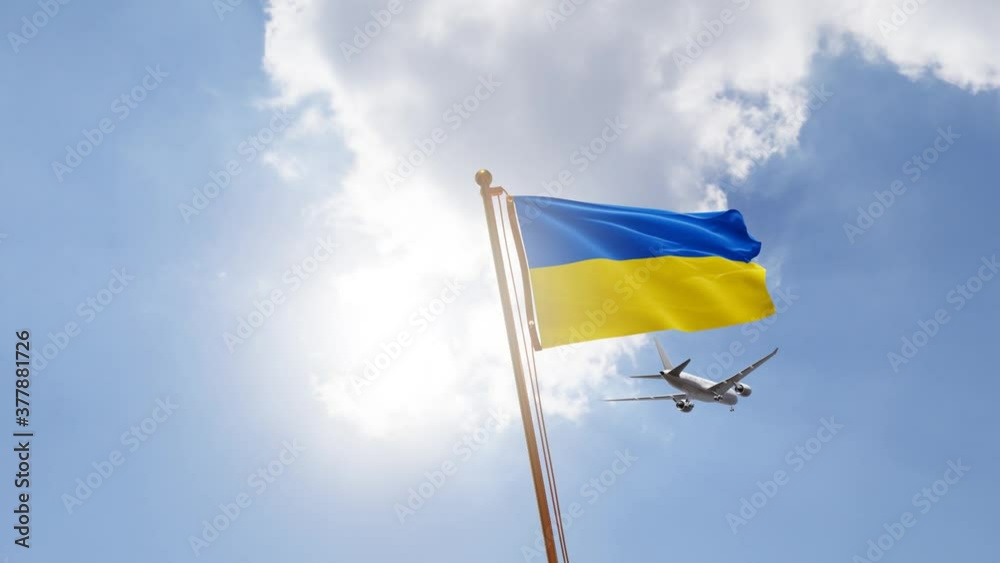 Flag of Ukraine Waving with Airplane arriving or departing, Realistic ...
