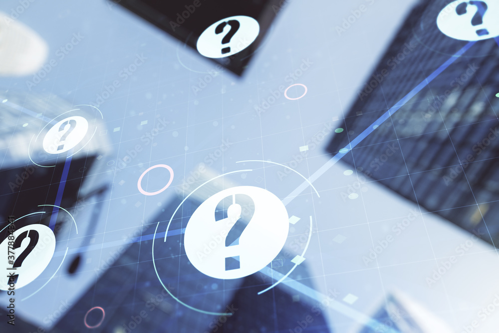Abstract virtual question mark illustration on office buildings ...