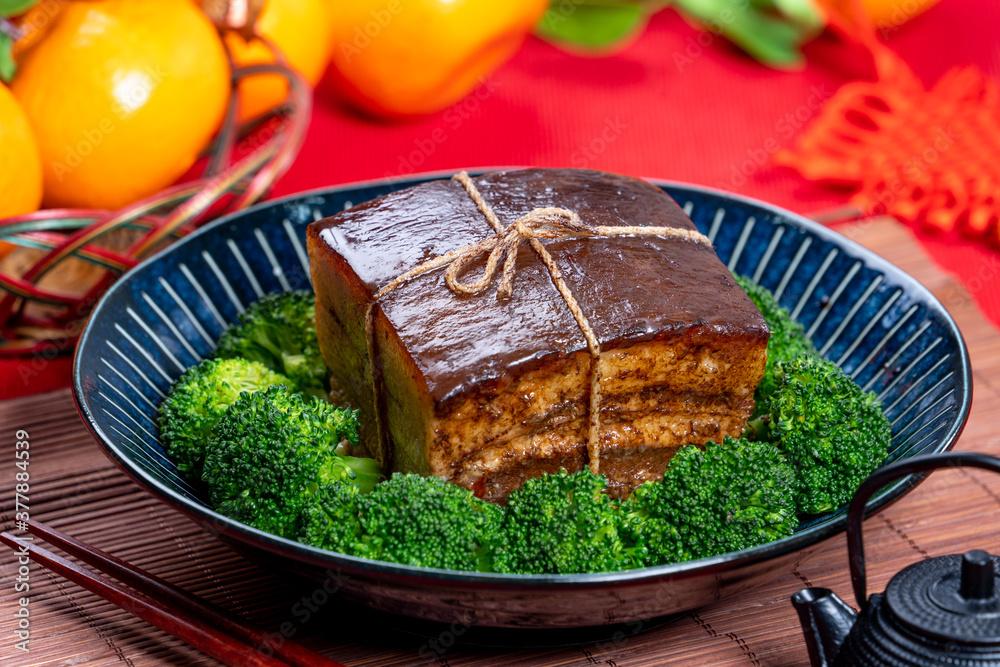 Dong Po Rou (Dongpo pork meat) in a beautiful blue plate with green ...