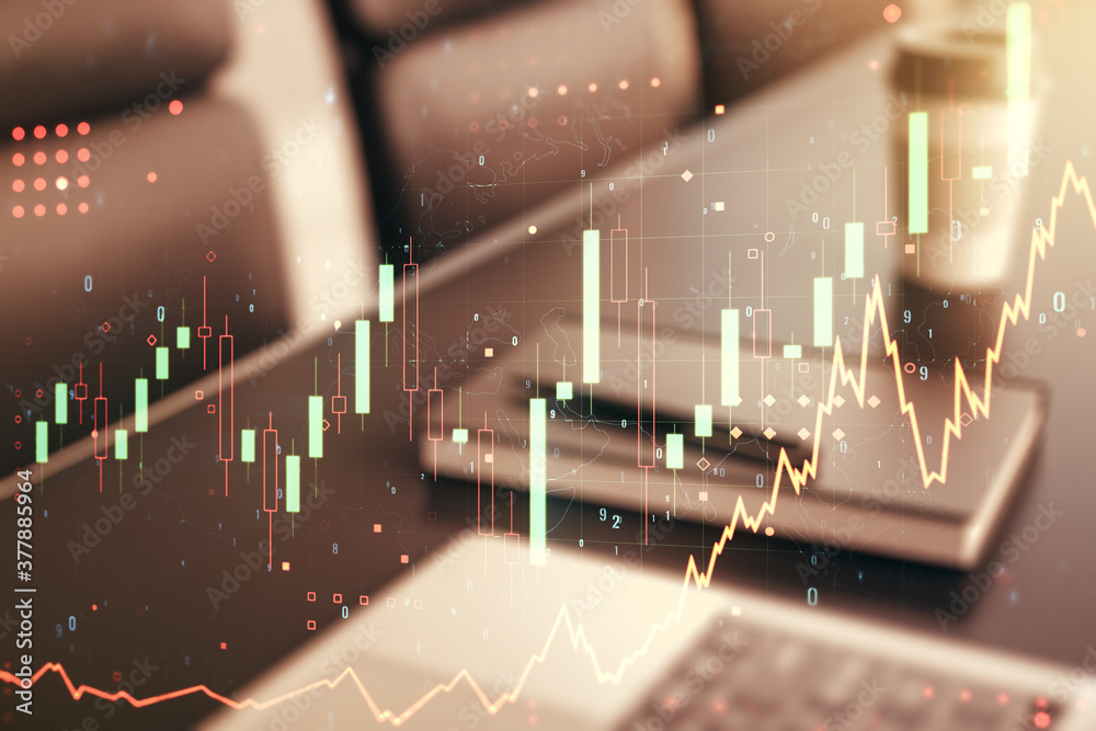 Multi exposure of abstract financial graph on laptop background ...