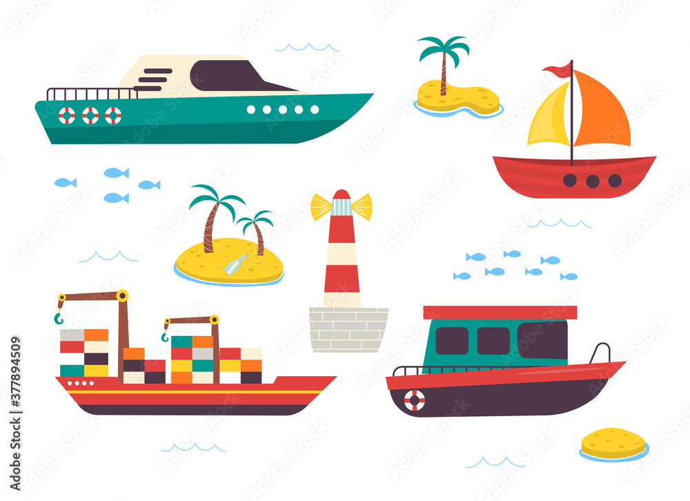 Funny kids water transport set. Boat, yacht, sailboat, motorboat ...