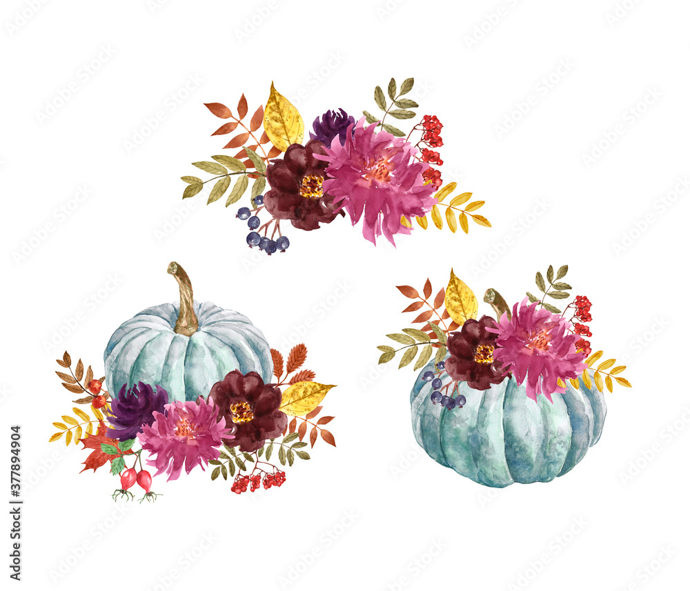 Fall pumpkin arrangements set. Watercolor beautiful floral autumn ...
