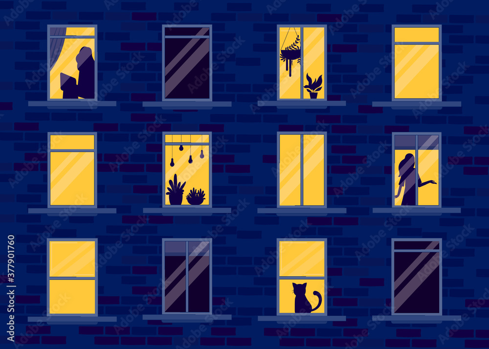 Night windows set with silhouettes vector illustration cartoon flat ...