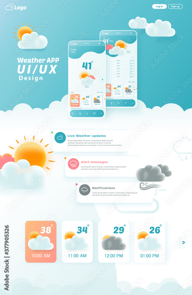 Weather App UI/UX Kit Elements, Website Landing Page Vector Stock ...