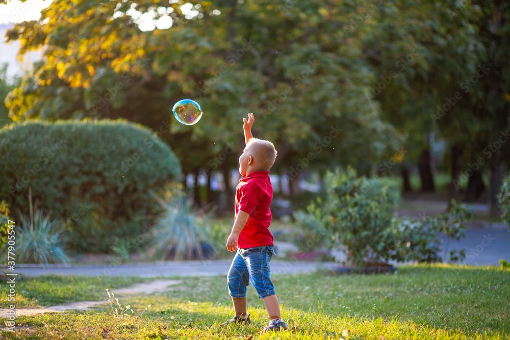 Little cute boy with Down Syndrome plays with huge soap bubbles in the ...