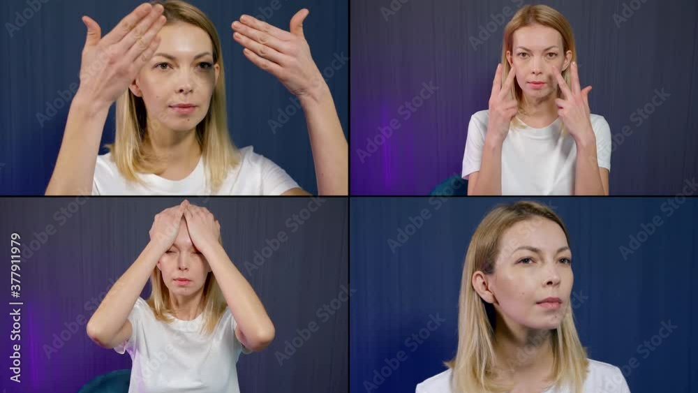 Collage four screen blonde girl the master of fitness to the muscles of ...