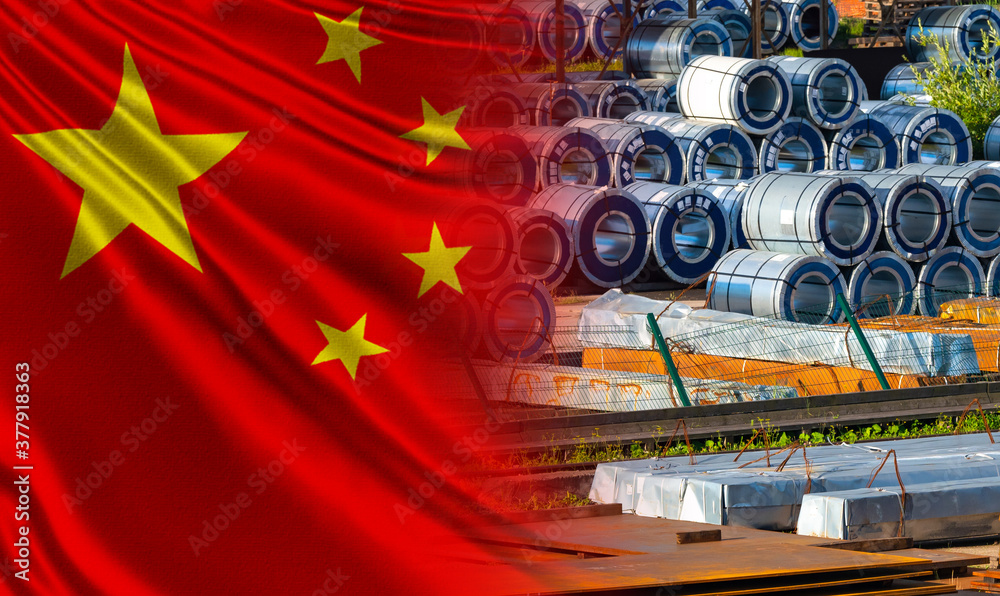 Sheet metal trade with China. Rolls of sheet iron on the background of ...