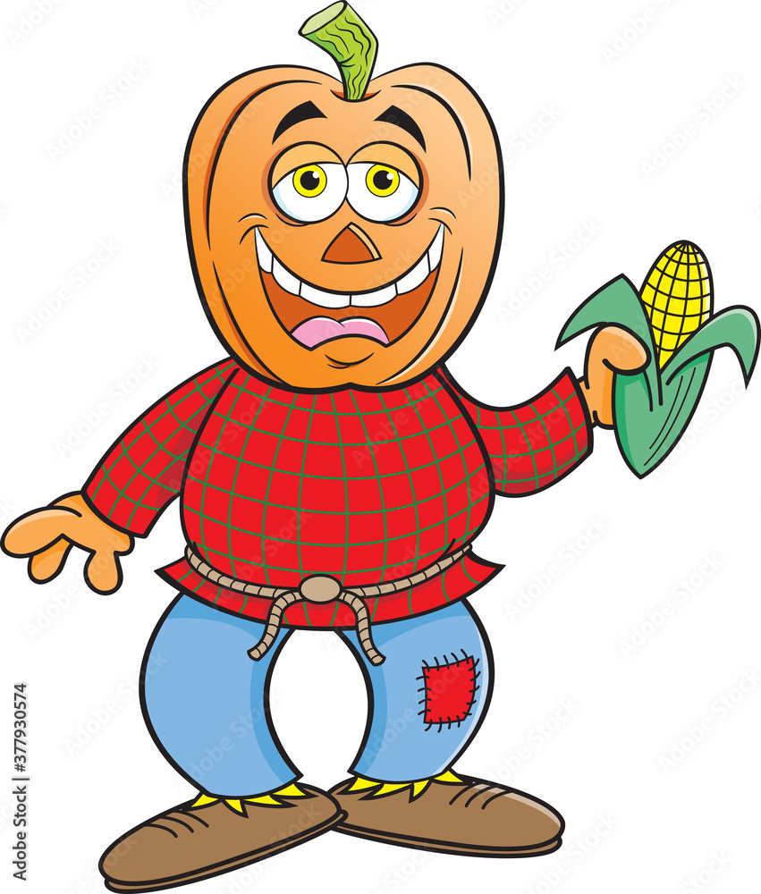 Cartoon illustration of a scarecrow with a pumpkin for a head holding ...