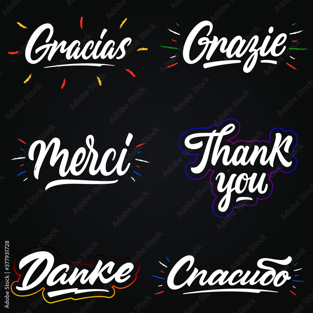 Thank you hand lettering in different languages: english, french ...