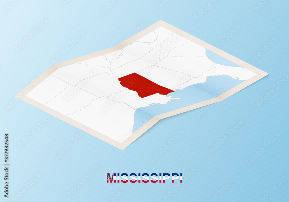 Folded paper map of Mississippi with neighboring countries in isometric ...