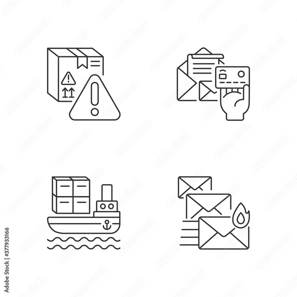 Delivery service linear icons set. Sea shipping, priority mail ...